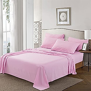 MEISHANG Twin Size Sheet Set Cooling Breathable Bed Sheets Set, Ultra Silky Soft Microfiber Sheet with 16 Inch Deep Pocket, Machine Washable, 4 Pieces (Twin, Pink)
