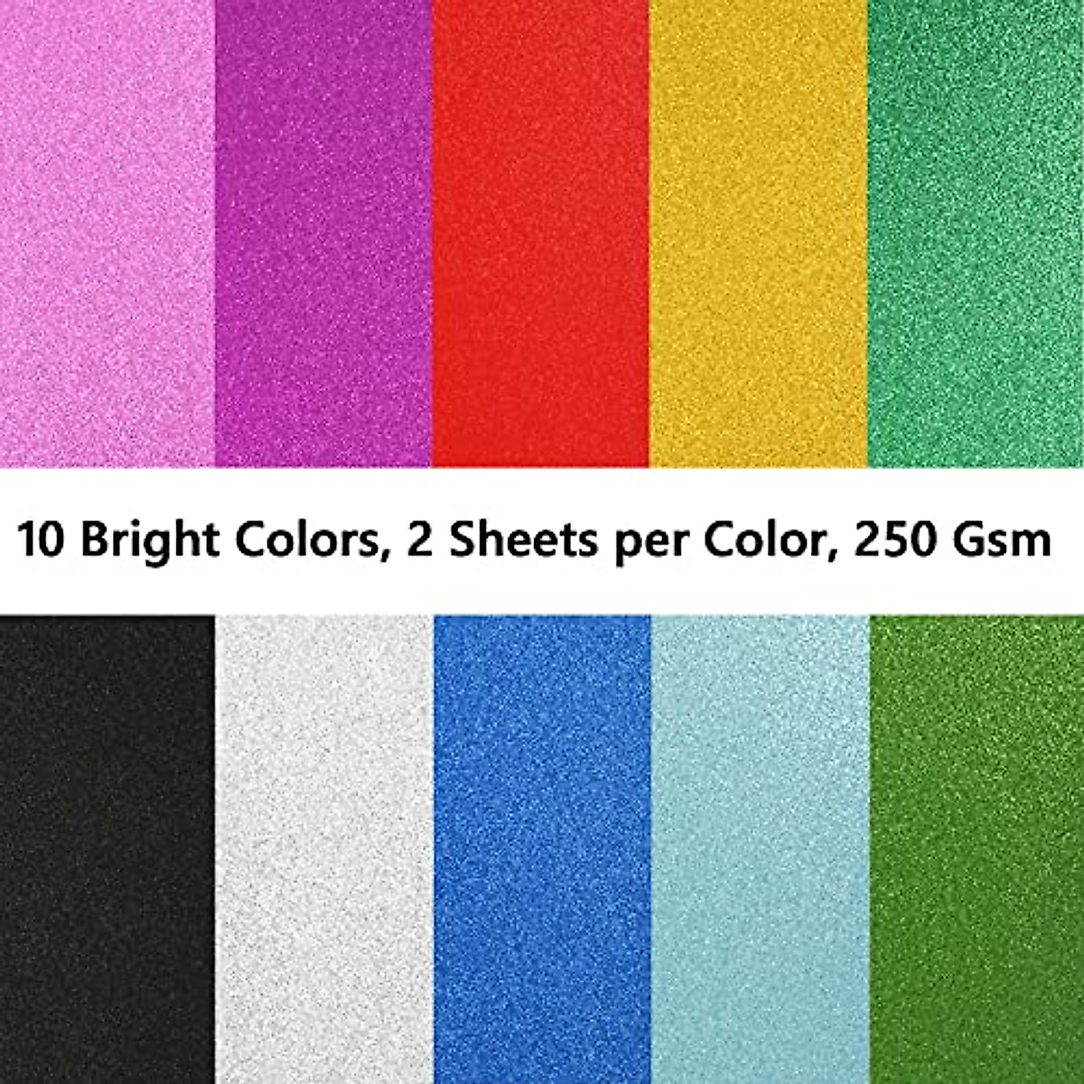 Glitter Cardstock, Double Sided Glitter Cardstock Paper for Crafts, 20 Sheets 10 Colors Glitter Paper for DIY & Art Projects, Sparkly Card Stock Paper for Cricut, Card Making, Scrapbooking, 250 GSM
