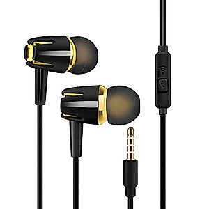 Earbuds Wired in-Ear Headphones with Microphone, in-Ear Earbud Headphones with Mic, Noise Isolating, Clear Sound, Ear Bud Tips, 3.5mm Jack Earphones for Phones and Laptops Black + Golden