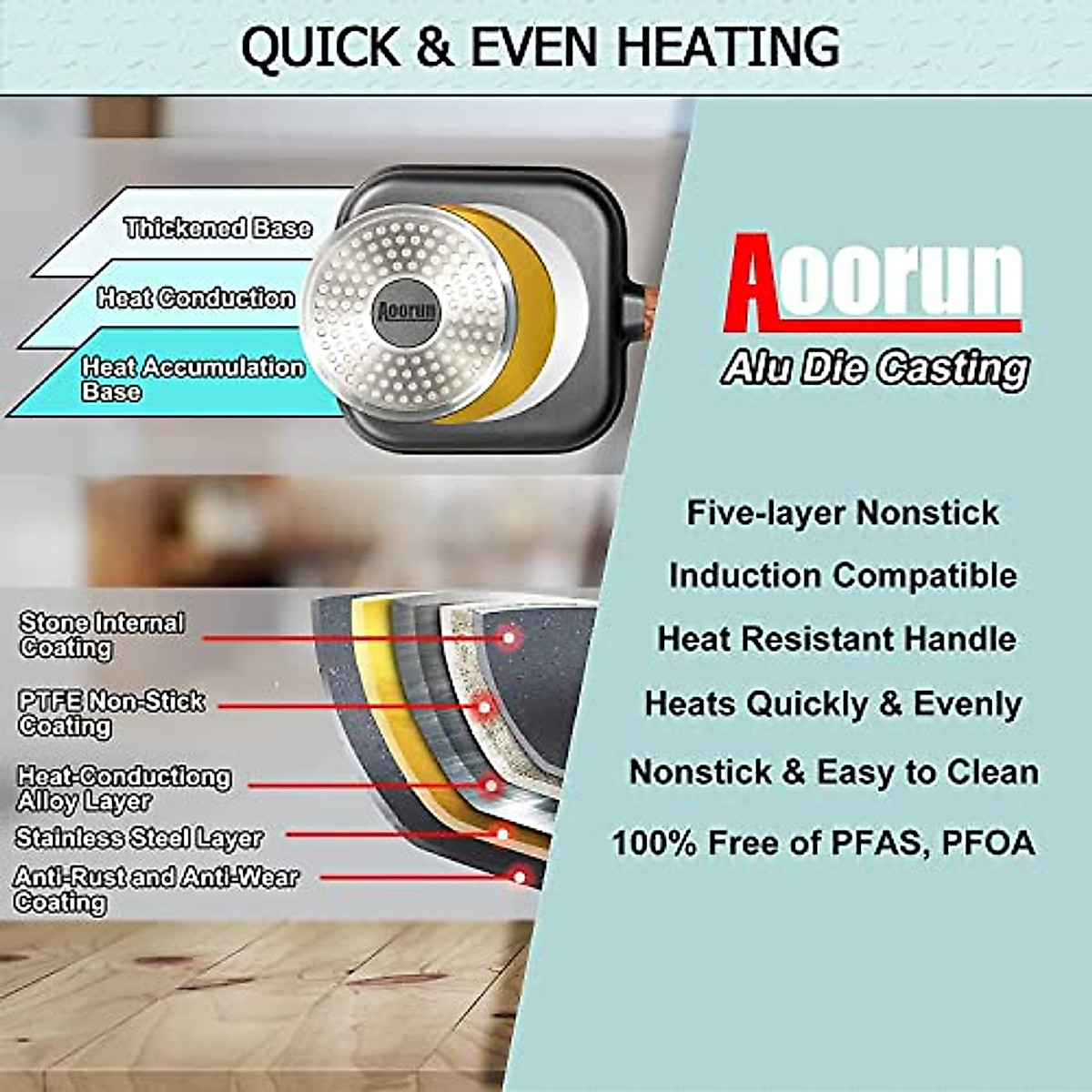 Aoorun Grill Pans for Stove Tops - Nonstick Grill Pan with Granite Coating & Solid Wood Handle, Induction Compatible, 11 inch