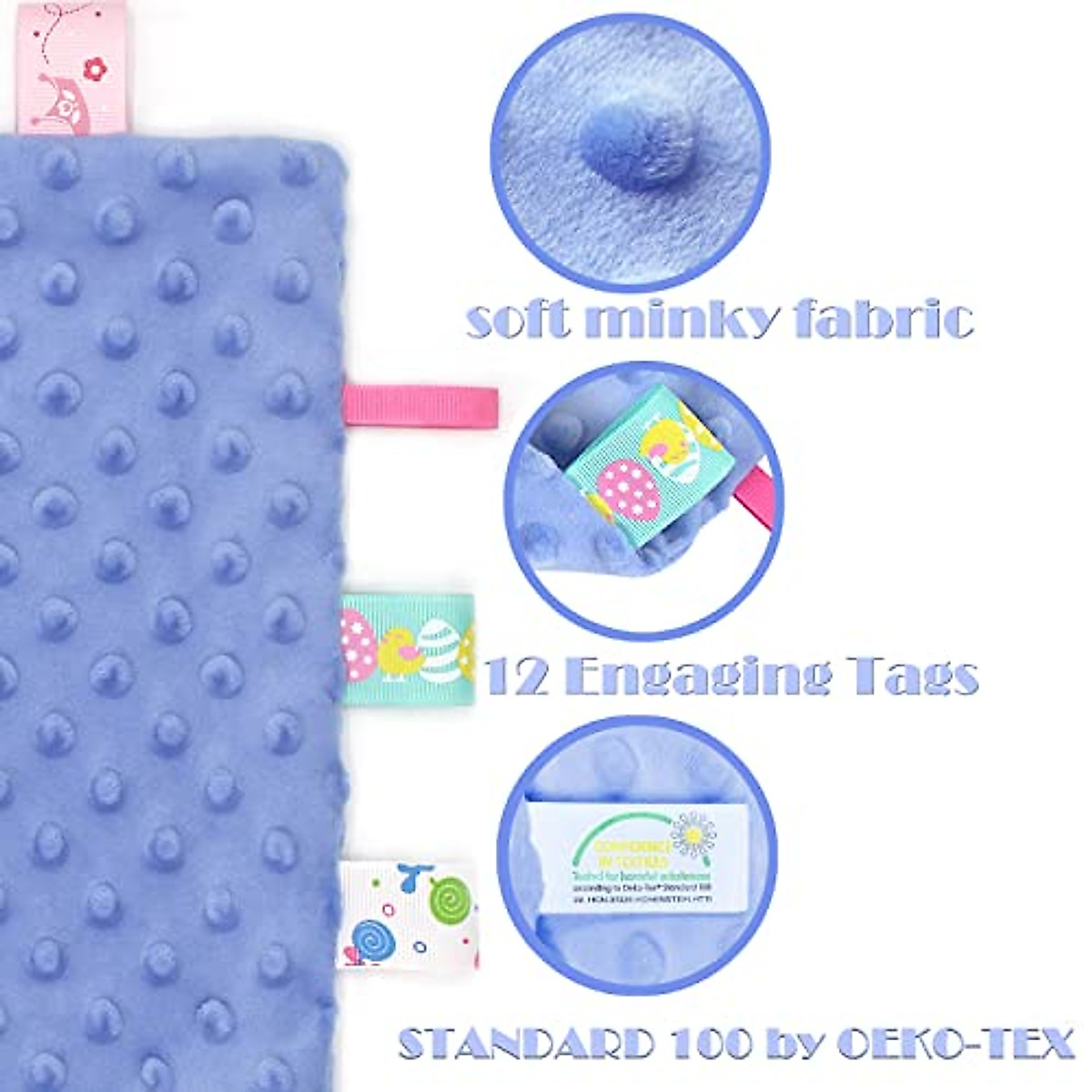 XIAOMUWU Tag Security Blankets for Babies, Sensory Soothing Blanket for 3-12 Months Baby, Soft Minky Loveys Toys for Girls and Boys (Gray White)