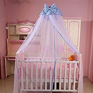 RuiHome Dome Style Hanging Baby Mosquito Net Nursery Bed Canopy with Blue Bowknot Decor, Netting with Holder Stand