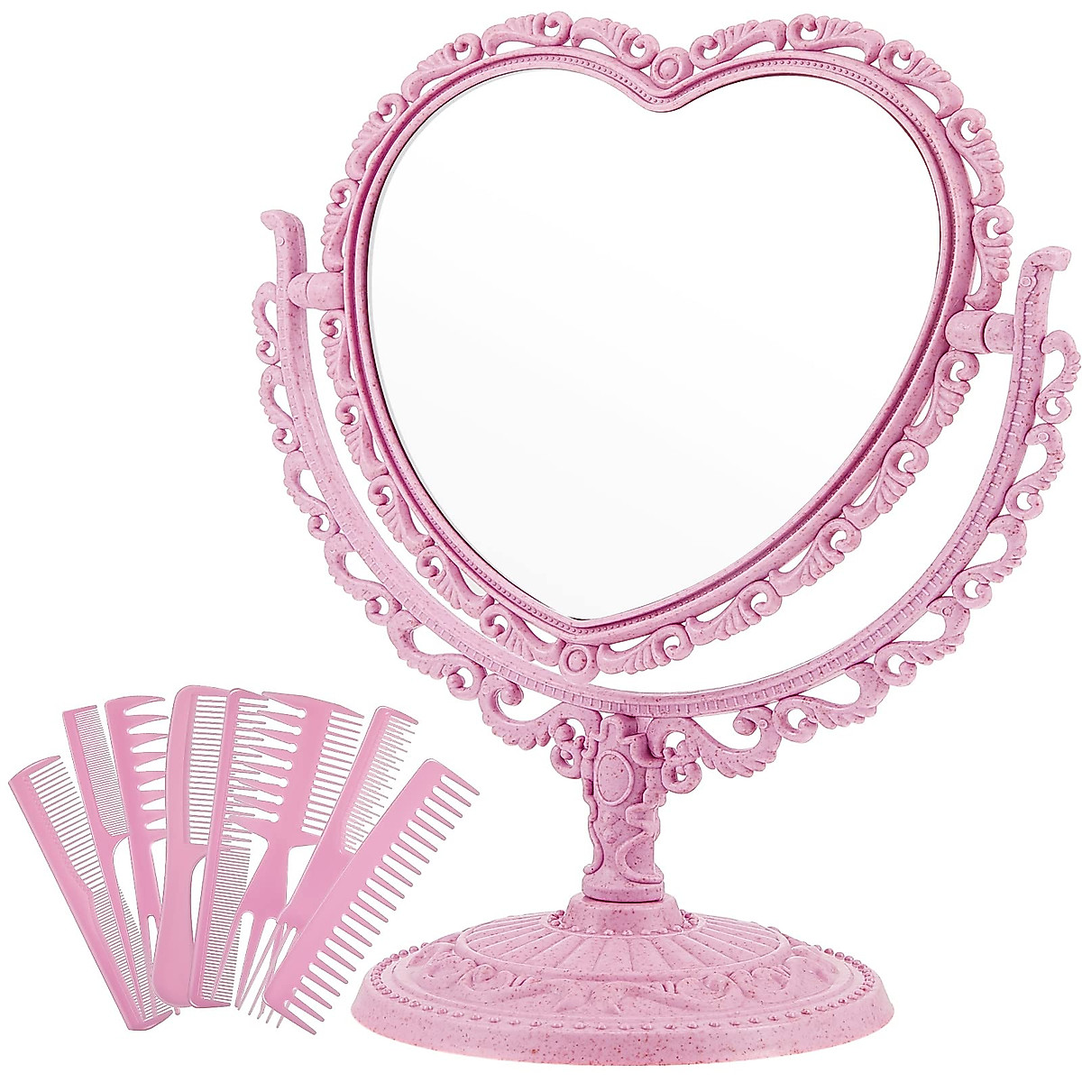 CHENGU Heart Shaped Mirror 8 Pieces Hair Styling Combs Double Sided Rotatable Dresser Heart Mirror Makeup Gifts for Girls Gift Vanity Tabletop(Pink)