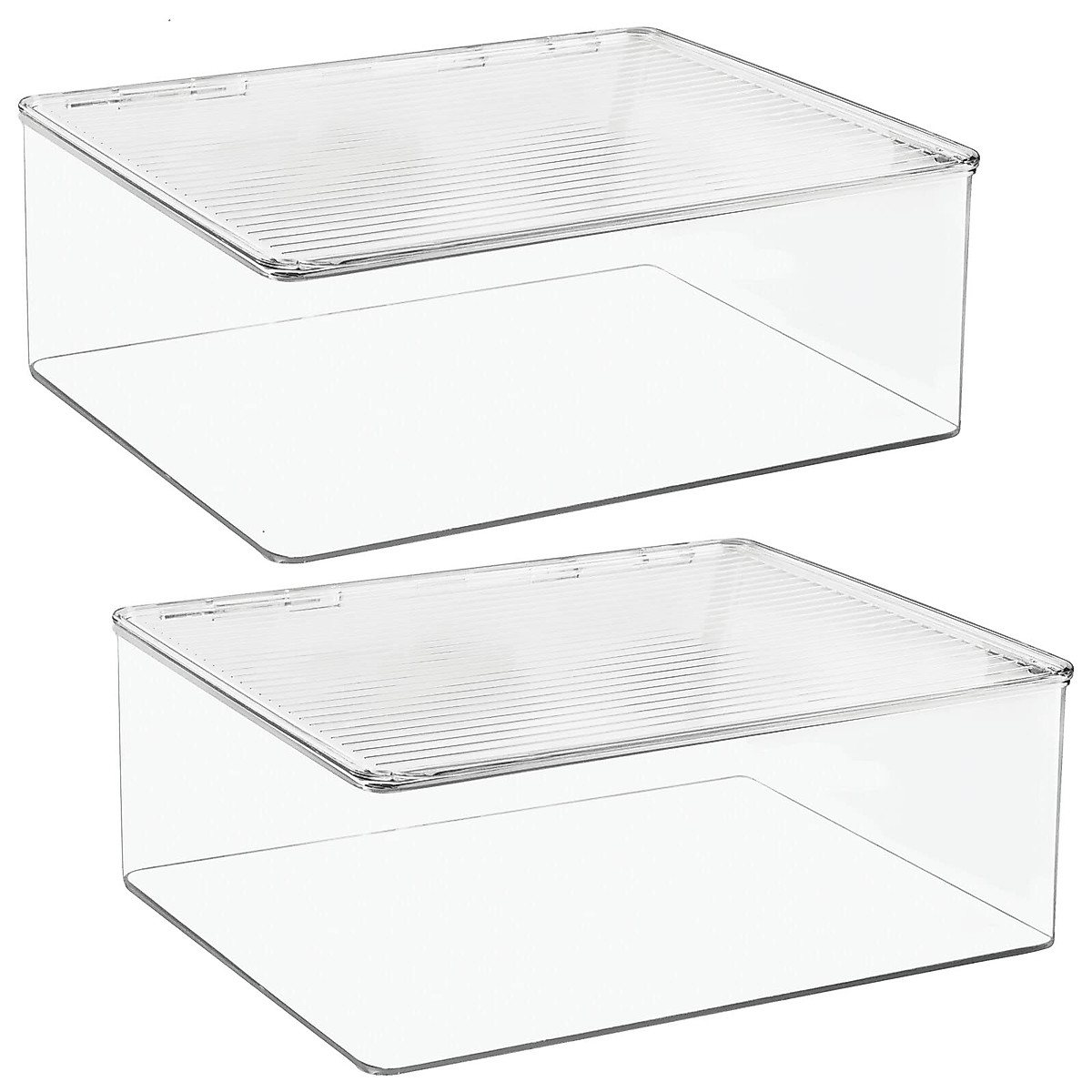 mDesign Plastic Kitchen Pantry and Fridge Storage Organizer Box Containers with Hinged Lid for Shelves or Cabinets, Holds BBQ Tools, Seasoning, Condiments, Utensils, Ligne Collection, 2 Pack, Clear