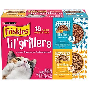 Purina Friskies Gravy Wet Cat Food Lickable Cat Treats Variety Pack, Lil' Grillers Seared Cuts With Chicken & Tuna - (Pack of 18) 1.55 oz. Pouches