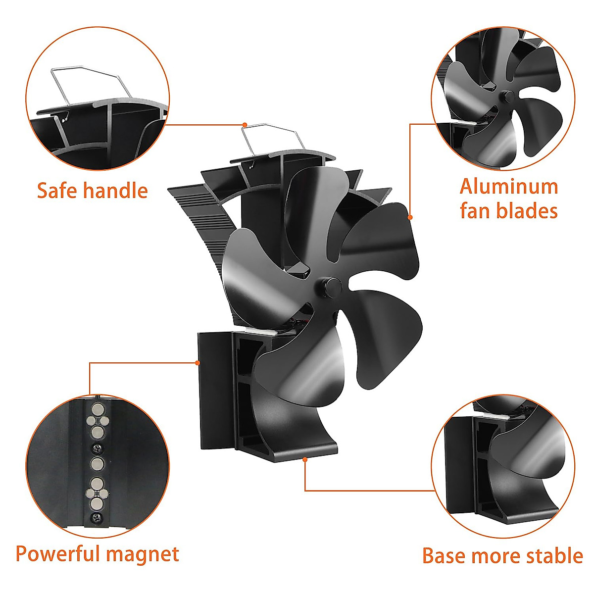 VODA Stove Fan 5 Blades for Wood Stove/Fireplace/Flue Pipe - Magnetic Installation, No Power Required - High Efficiency, Low Noise, Durable - Include 1 Spare Ring