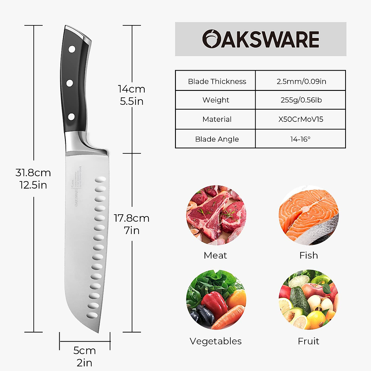 OAKSWARE 7" Santoku Knife, Razor Sharp Kitchen Cutting Chopping Chef Knife, Professional High Carbon German Steel Cooking Knife for Meat, Vegetables, and Fruits