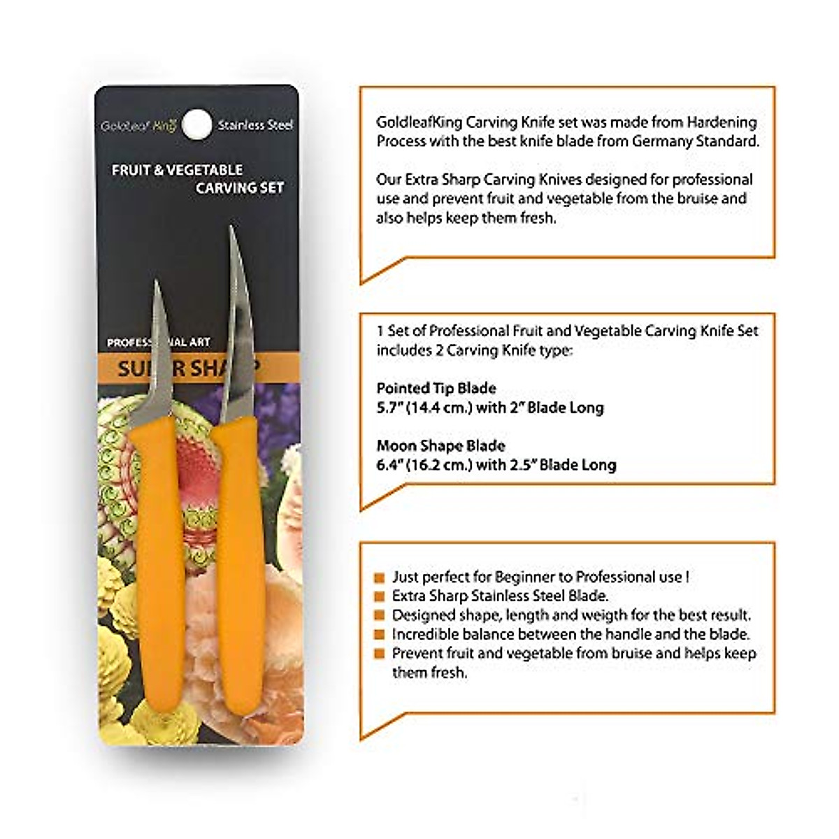 GoldleafKing Fruit Carving Knife Set of 2 | 2, 2.5 Inch Orange Handle | Fruit Carving Tools Carving Knives | Knife - Carving Knives for Fruits and Vegetables - Free 1 Mini Carving Guide Book