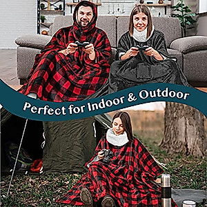 PAVILIA Wearable Blanket Poncho with Neck Warmer Hood, Plush Oversized Poncho Sweater, Large Blanket Cape Hoodie with Giant Pocket, Soft Cozy Gift for Women Men Adult (Sherpa Fleece, Checker Red)