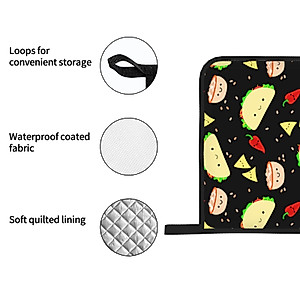 Kawaii Taco Patterned Oven Mitts and Pot Holders Set of 4, Oven Mittens and Potholders Heat Resistant Gloves for Kitchen Cooking Baking Grilling BBQ