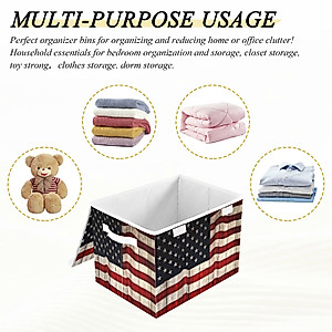 Gredecor Large Storage Basket Bins with Lid American Flag Wooden Pattern Storage Boxes Organizer with Handle 16.5"x12.6"x11.8" Collapsible Storage Cube for Toys Bedroom Nursery Home