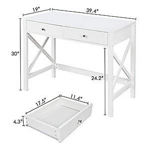 Usinso White Writing Computer Desk with Drawers,Small Modern Table for Bedrooms,White Vanity Table,Office Desk with Drawers（White）