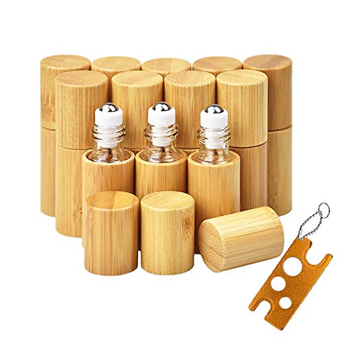 AUHOKY 12Pcs 5ml Bamboo Roll on Bottles for Essential Oils, Portable Massage Oil Bottle with Stainless Steel Roller Ball, Reusable Travel Perfumes Sample Lip Gloss Container (1 Opener)