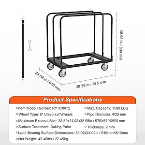 VEVOR Steel Panel Truck, 1500 LBS Panel Dolly Cart with 5" Swivel Casters and 36.02" x 24.02" Deck, Heavy-Duty Drywall Sheet Cart, Handling Wall Panel, Sheetrock, Lumber for Garage, Home, Warehouse