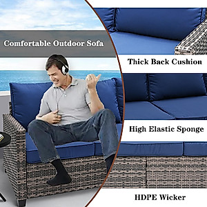 Outdoor Patio Sofa Set 3 Seat Couch, All Weather Comfort Rattan sofa with High Back and Navy Blue Cushions,Outdoor Sofa Set Furniture with Premium Brown Wicker for Garden, Backyard, Porch,Dark Blue