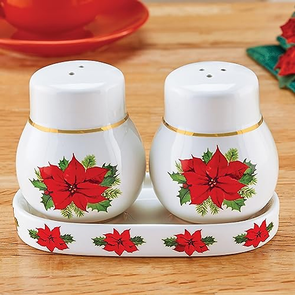 Collections Etc Hand-Painted Poinsettia Salt & Pepper Shaker 3-Piece Set