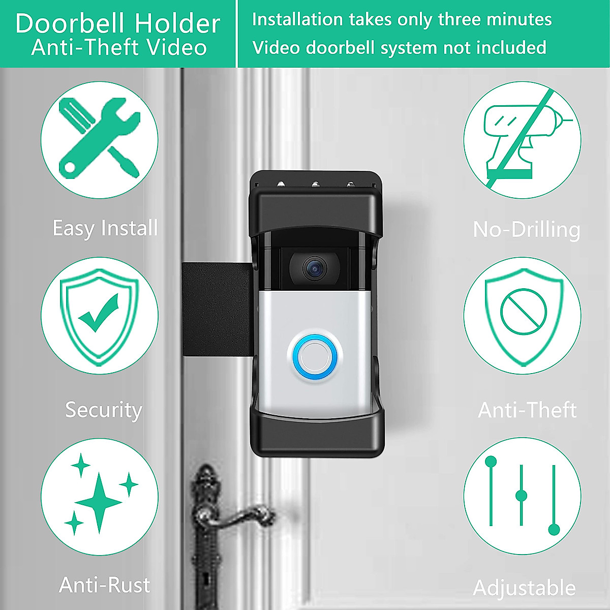 Video Doorbell Holder for Apartment Door, No-Drill, Anti-Theft, Camera Holder Mount for Home Rentals Office