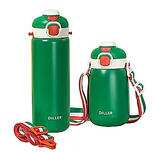 Qengyeen Kids Parent-child Thermos Water Bottle Stainless Steel Metal Insulated Water Bottles with Straw and Strap for Girls Boys for School Gifts,14 ounce 24ounce,green