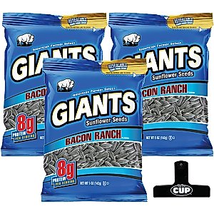 Giants Bacon Ranch Sunflower Seeds, 5 oz Resealable Bag (Pack of 3) with By The Cup Bag Clip