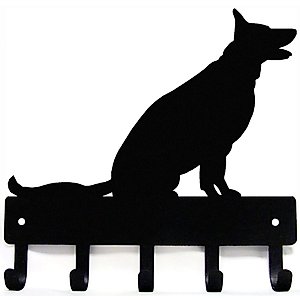 The Metal Peddler German Shepherd Sitting - Key Holder for Wall - Small 6 inch Wide with 5 Hooks - Made in USA