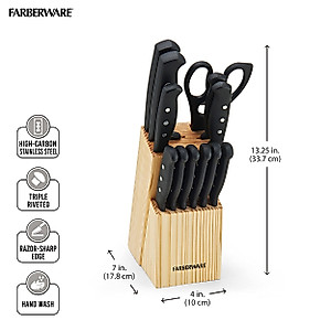 Farberware 22-Piece Never Needs Sharpening Triple Rivet High-Carbon Stainless Steel Knife Block and Kitchen Tool Set, Black & 78892-10 Farberware Plastic Cutting Board, 11-inch by 14-inch, White