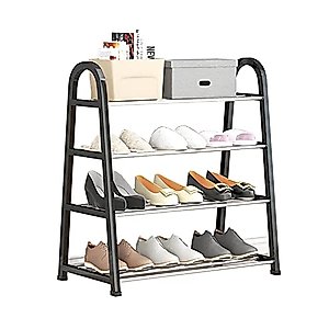 Free Standing Shoe Rack 4-Tier A Shape Shoe Stand 12-16 Pair Shoe Organizer Easy Assembly Stackable Shoe Storage Shelf for Entryway, Closet, Garage, Bedroom, Cloakroom (Color : Black+Silver, Size :