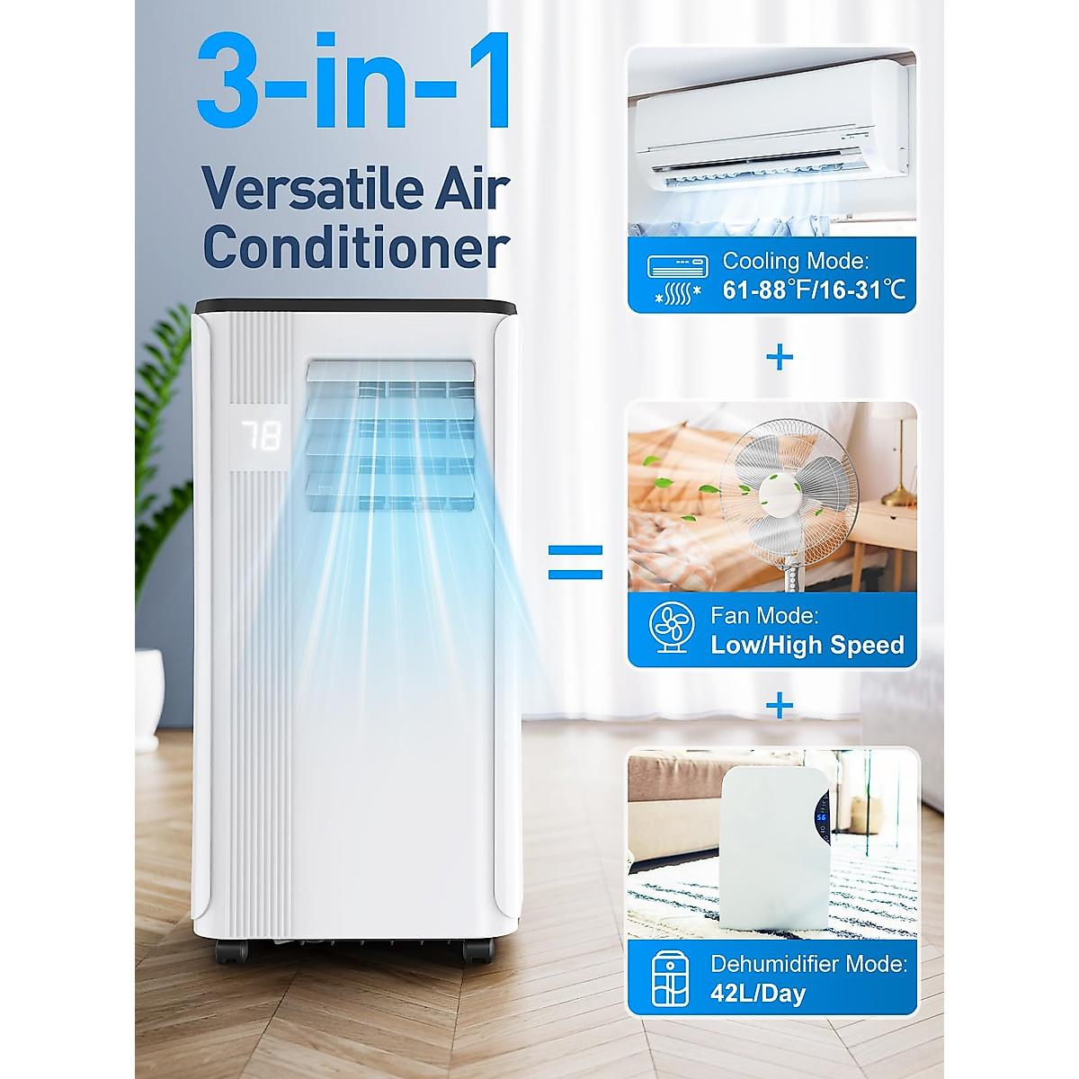 Portable Air Conditioners - 2024 Upgraded 10000 BTU Portable AC for Room up to 450 Sq. Ft, 3 in 1 AC Unit with 24H Timer, Smart Sleep Mode, Remote Control, Air Cooler for Bedroom Room Kitchen Camping