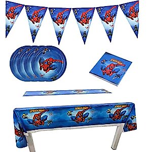 TOPTAMP 42Pcs Spider Theme Party Table Cover Table Cloth Super Hero 20 Plates 20 Napkins Banners Birthday Decoration Supplies Kit