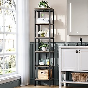 MXARLTR 6 Tier Tall Bathroom Shelf, Narrow Shelving Unit with Steel Frame, Freestanding Slim Storage Rack for Bathroom, Living Room, Bedroom, Kitchen, Bathroom Storage Corner Shelf (Oak Gray)