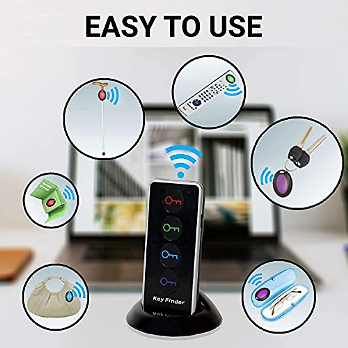 JTD Wireless RF Item Locator/Key Finder with LED flashlight and base support. With 4 Receivers Key Finder-Wireless key RF locator, Remote Control, Pet, Cell, Wireless RF Remote Item, Wallet Locator. (4 Receivers)