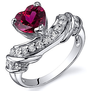 PEORA Created Ruby Heart Ring for Women in Sterling Silver, Statement Solitaire Design, 1.75 Carats total, Comfort Fit, Size 8