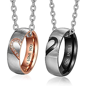 Personalized Couples Promise Ring Set for Him and Her Free Engraving Stainless Steel Engagement Wedding Rings Band Set for Men and Women Valentines Day Jewelry (Black+Rose Gold(2pcs))