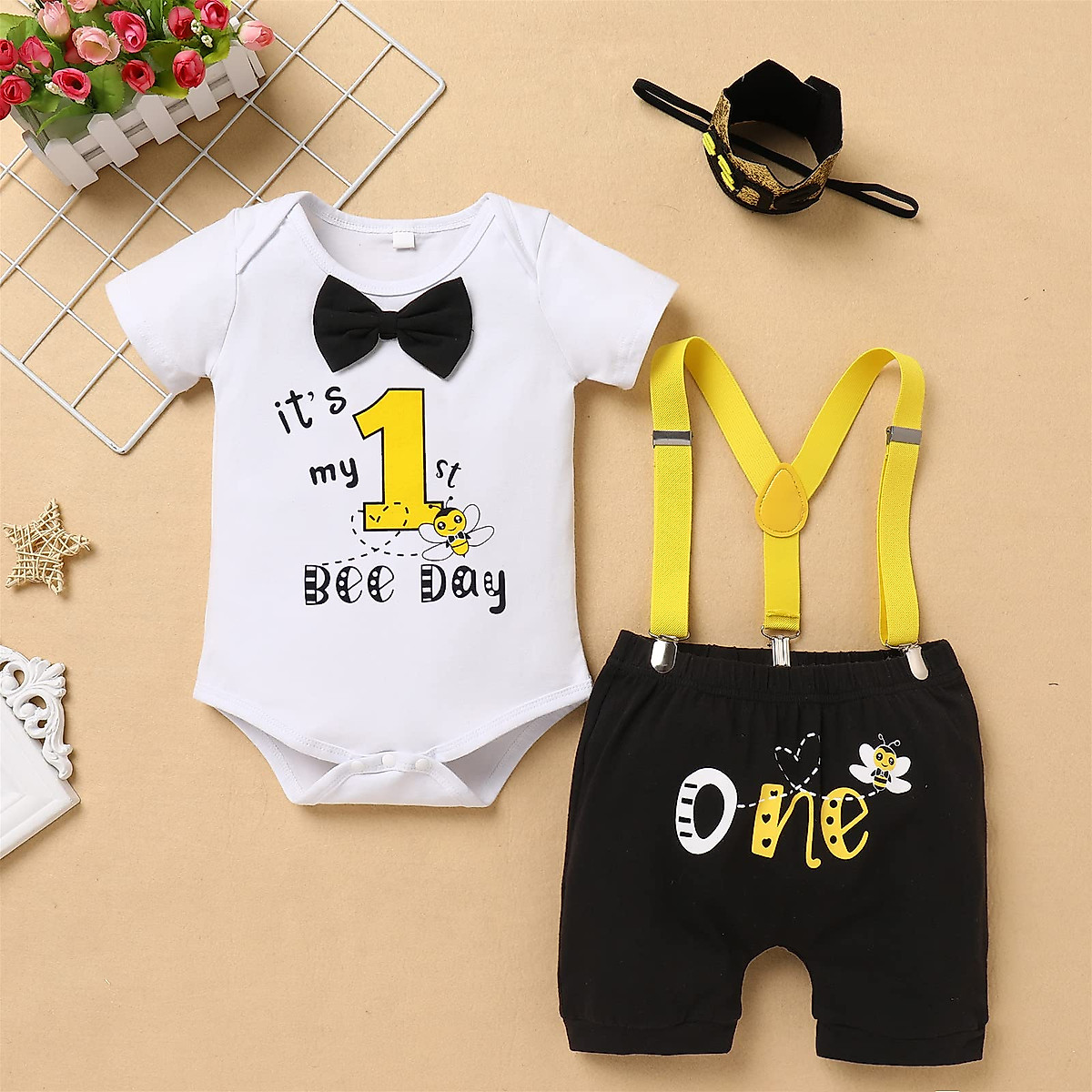 It's My 1st Bee Day Baby Boy First Birthday Clothes Infant Boy Bow Tie Romper Bodysuit Cake Smash Shorts Pants Y-Back Suspenders Photo Shoot Outfits Black-Bowtie It's my 1st bee day 12-18 Months