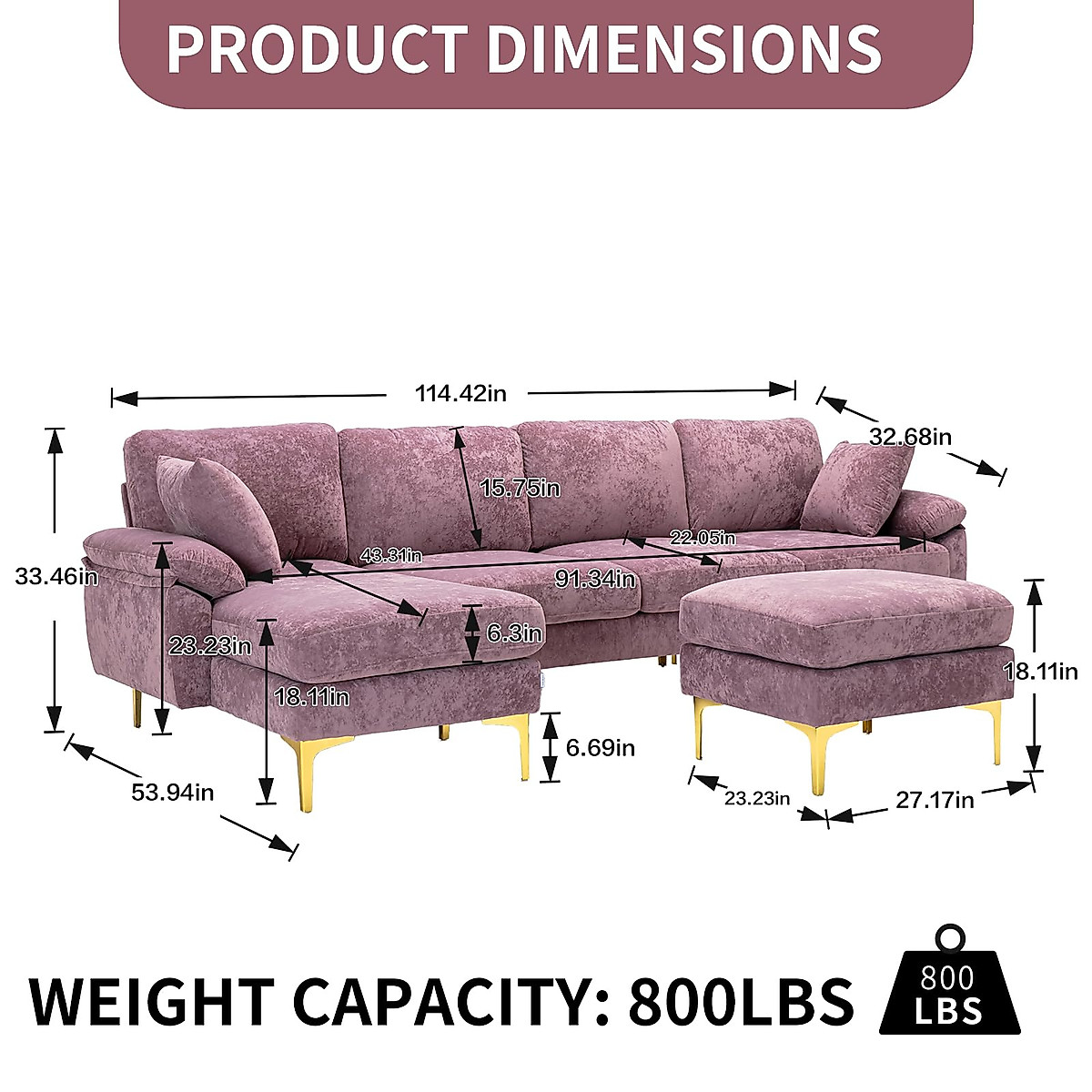 Sudwesto Modular Sectional Sofa, U Shape Chenille Upholstered Sofa Couch with Ottoman, 4 Seat Reversible Couch with Chaise Lounges, Convertible Sofa Set for Living Room (Purple)
