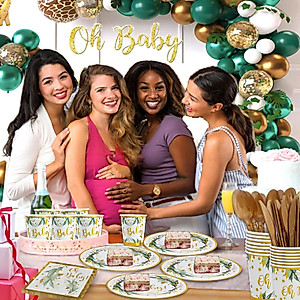 Sage Green Baby Shower Decorations, Oh Baby Theme Neutral Party Tableware Set ; 9" Plates, 7" Plates, Napkins, Cups and Utensils- Floral Gender Reveal Party Supplies for boys & girls -Serve 24