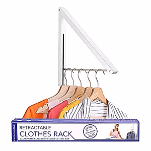 Stock Your Home Single Foldable Clothing Rack, Wall-Mounted Retractable Clothes Hanger for Laundry Dryer Room, Hanging Drying Rod, Small Collapsible Folding Garment Racks, Dorm Accessories (White)