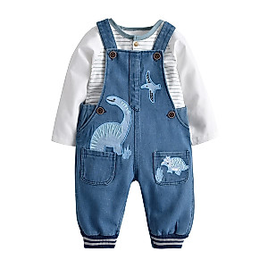 LvYinLi Baby Boy Clothes Set Infant Boy's Long Sleeve Romper+Dinosaur Denim Overalls Toddler Boys Fall Winter Outfits (Blue, 6-12 months)
