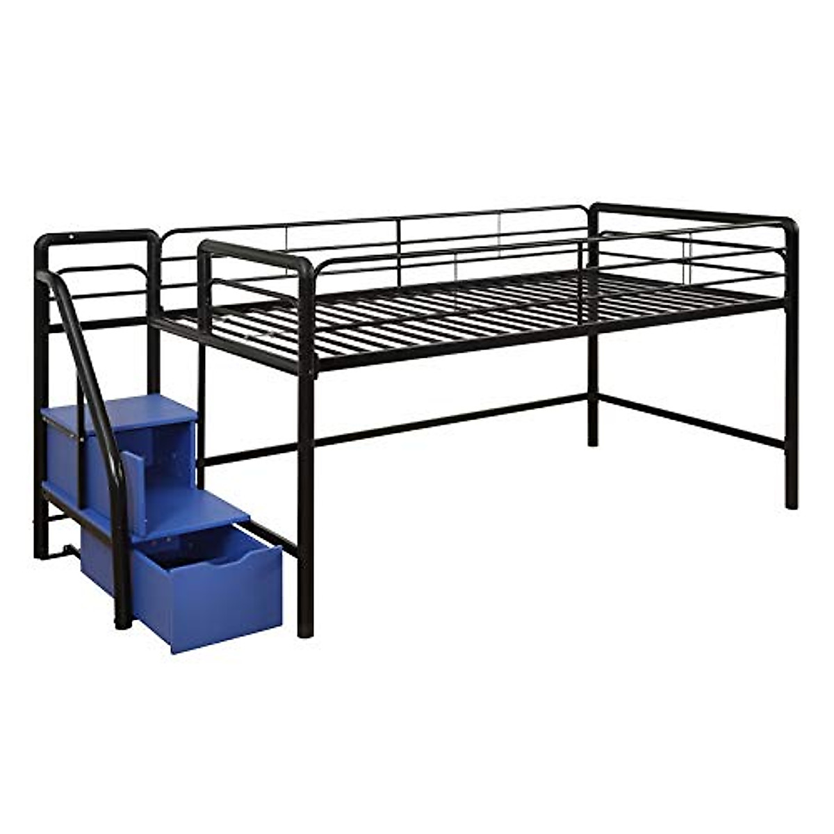 DHP Junior Twin Metal Loft Bed with Storage Steps, Space-Saving Solution, Multifunctional, Black with Blue Steps & Fire Department Design Curtain Set for Junior Loft Bed, Kids Furniture, Blue