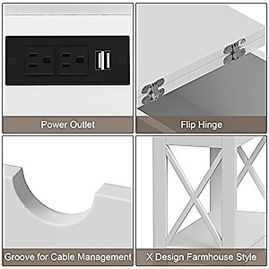 ChooChoo End Table with Charging Station, Narrow Flip Top Side USB Ports & Power Outlets for Small Spaces, Bedside Storage, Nightstand Sofa Living Room, Bedroom White
