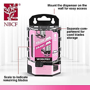 WORKPRO 100-Pack Utility Blades Replacement with Dispenser and Pink Folding Utility Knife with 10 Extra Blades