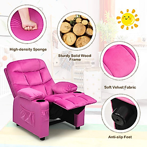 Costzon Kids Velvet Recliner Chair with Cup Holder, Footrest & Side Pockets for Children Boys Girls Baby Bedroom, Adjustable, Ergonomic Toddler Furniture Sofa Gifts (Rose)