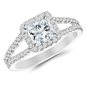 1.2 Carat t.w. Princess Shape/Center Silver Halo Style Double Row Pave Split Shank CZ Engagement Ring