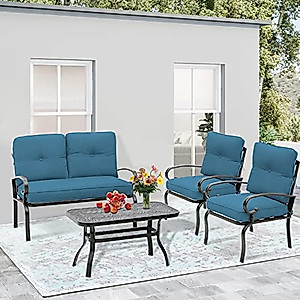 SUNCROWN 4 Pieces Outdoor Metal Furniture Patio Conversation Set Loveseat, 2 Dining Chairs and Coffee Table for Lawn Front Porch Garden, Blue Cushions