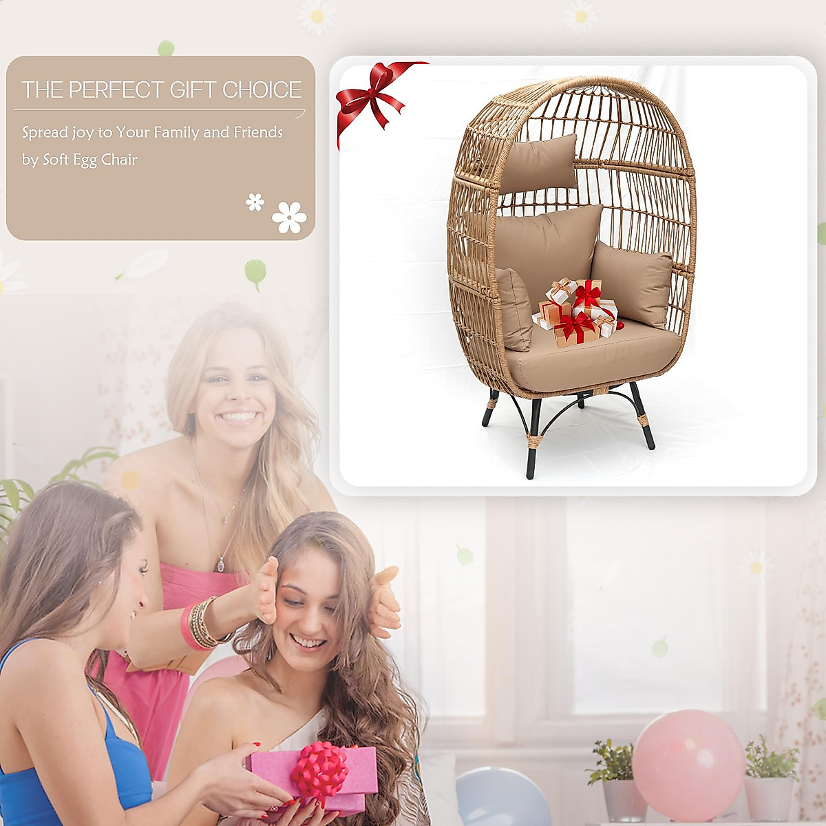 BULEXYARD Patio Wicker Stationary Egg Chair with Legs, Indoor Outdoor Oversized PE Rattan Egg Lounge Chairs for Garden, Backyard, Living Room, Bedroom(Brown/Brown, 2 Pcs)