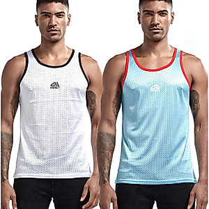 AIMPACT Men Athletic Workout Tank Tops Mesh Quick Dry Fitness Running Gym Muscle Sleeveless Shirts WhiteBlue L