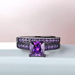 PB Collection Solid Black Rhodium Plated 925 Sterling Silver Princess Cut Purple Amethyst Stackable Promise Wedding Bridal Ring Set 11
