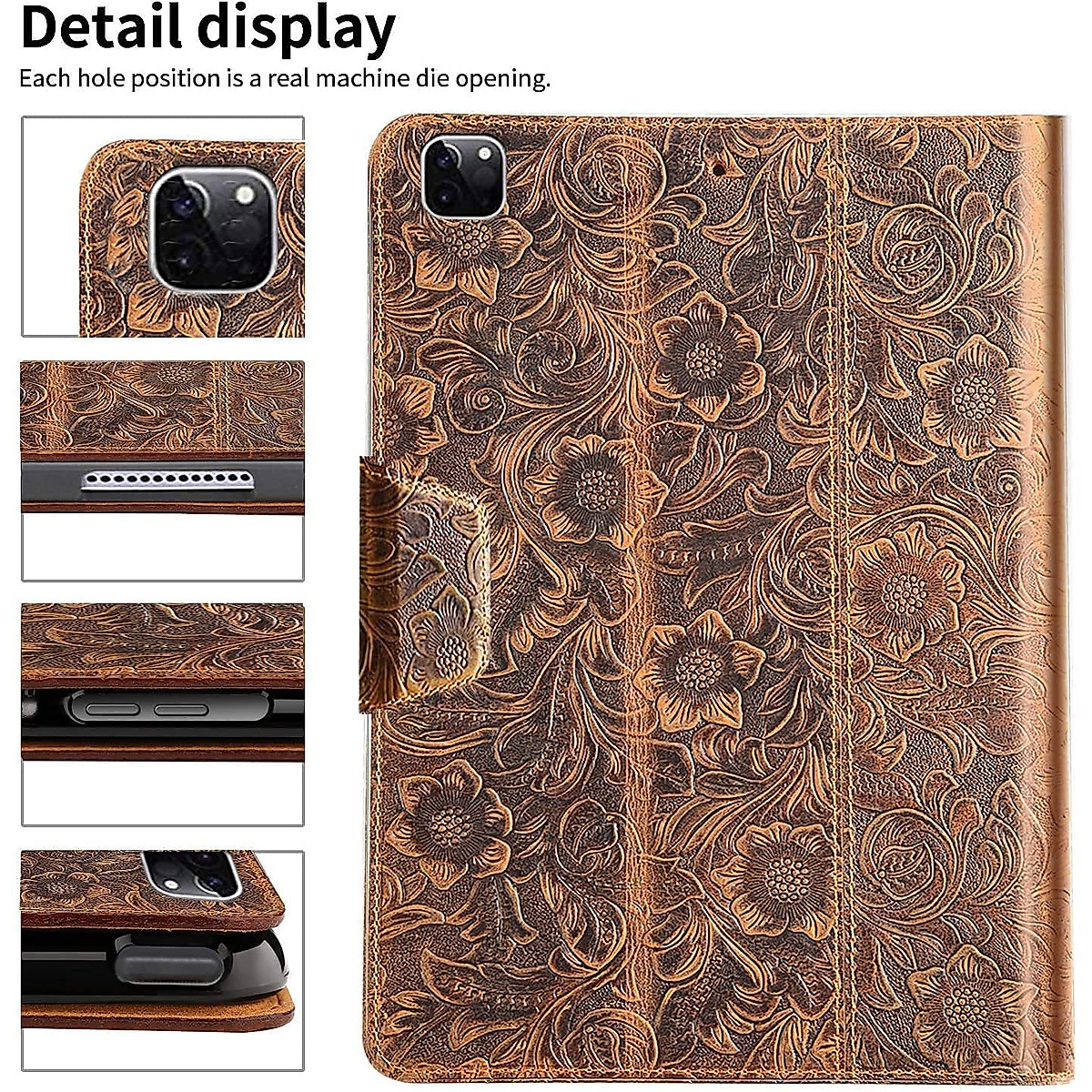Gexmil Case for iPad Pro 11 Inch,4th/3rd/2nd/1st Generation(2022/2021/2020/2018) Genuine Leather Cover with Pencil Holder,Cowhide Folio Cover,Auto Sleep/Wake Magnetic Closure,Flower Brown