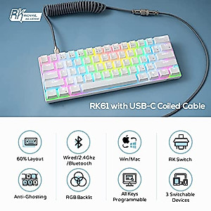 RK ROYAL KLUDGE RK61 60% Mechanical Keyboard with Coiled Cable, 2.4Ghz/Bluetooth/Wired, Wireless Bluetooth Mini Keyboard 61 Keys, RGB Hot Swappable Brown Switch Gaming Keyboard with Software - White