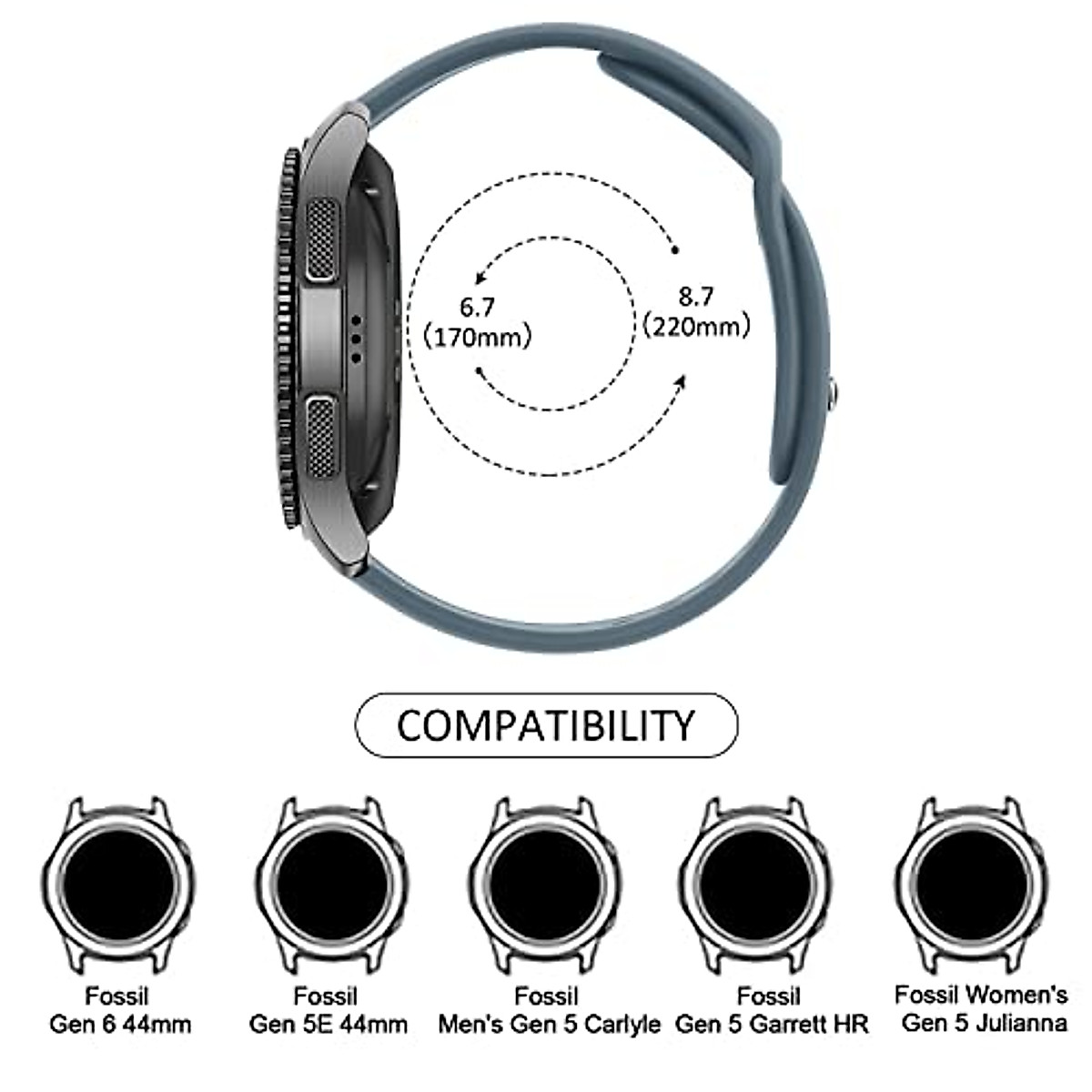 Silicone Band for Fossil Men's Gen 6/5E 44mm/Gen 5 Carlyle/Garrett/Women's Julianna Smart Watch, 22mm Adjustable Soft Silicone Sport Strap Replacement Band for Women Men (Blue Gray)