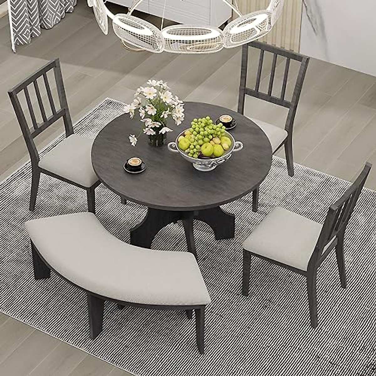 UBGO 5-Piece, Kitchen Room Sets with 44" Round Table and 3 Upholstered Dining Chairs & a Curved Bench,for 4-5 People (Grey)
